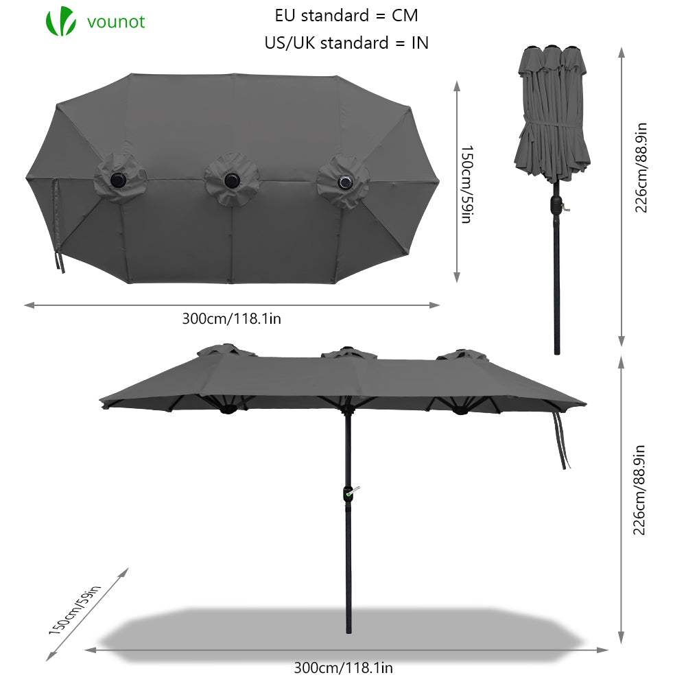 VOUNOT 3m Double Garden Parasol Table Umbrella, with Crank Handle Cover ...