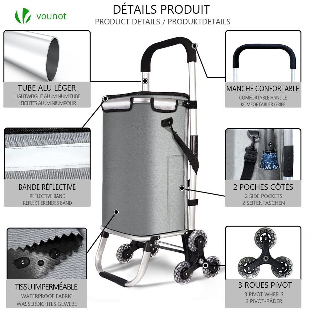 VOUNOT Folding Shopping Trolley on 6 Wheels, Aluminium Lightweight Shopping Cart with Insulated ...