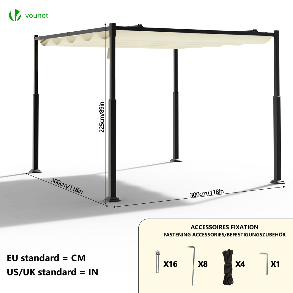 VOUNOT 3x3m Metal Pergola with Retractable Roof, Garden Gazebo for Out