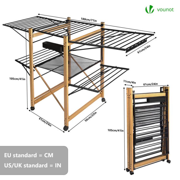 VOUNOT Large Clothes Airer Foldable 2-Level with Wings & Casters Black ...