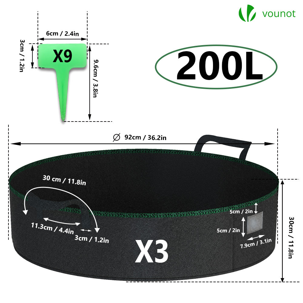 VOUNOT 3 Pack Plant Grow Bags 200L, Vegetable Growing Containers with