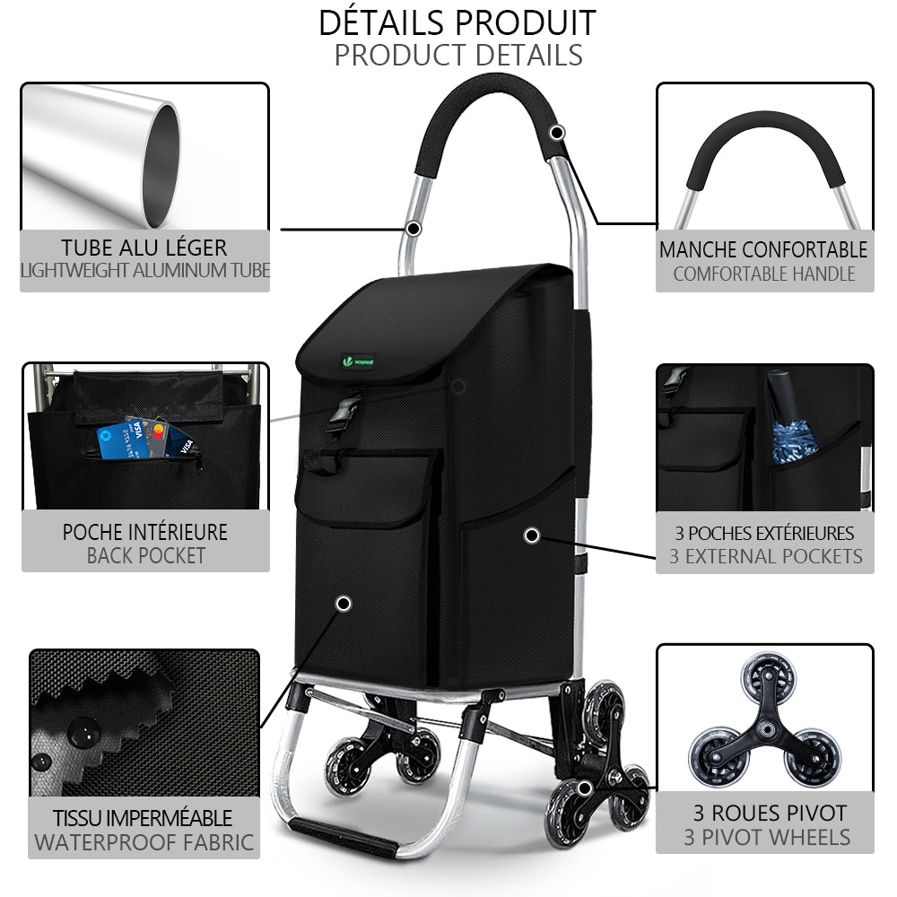 VOUNOT Folding Shopping Trolley on 6 Wheels, Aluminium Lightweight Shopping Cart, 55L, Black ...